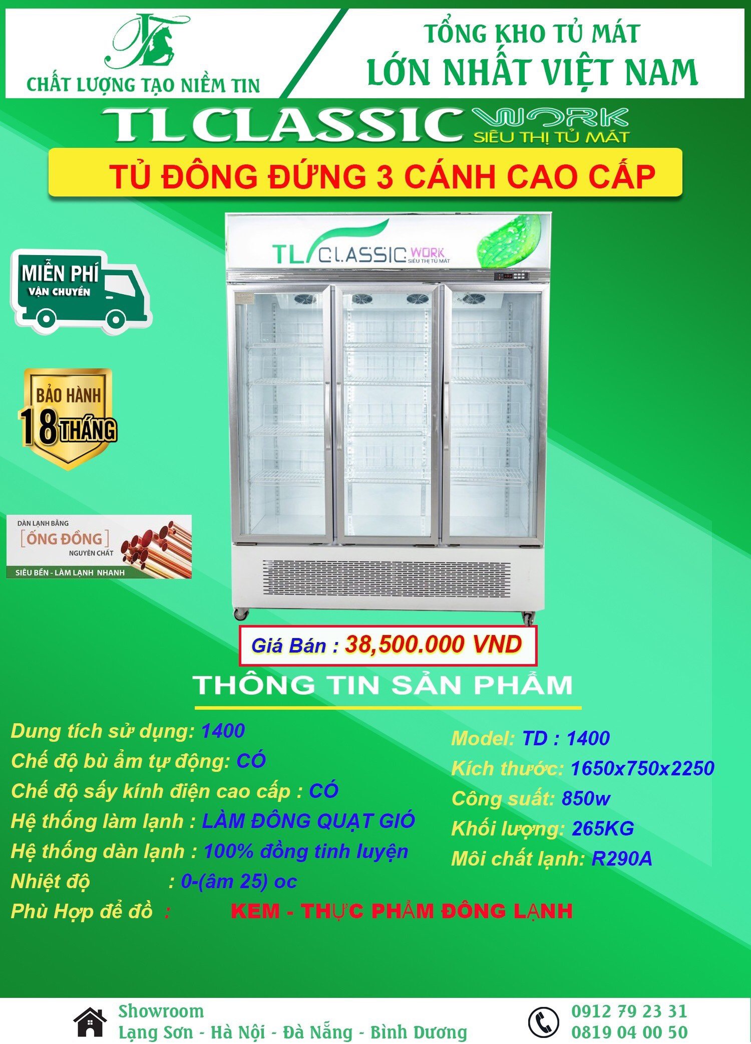 Tủ đông đứng 3 cánh cao cấp Classic Work